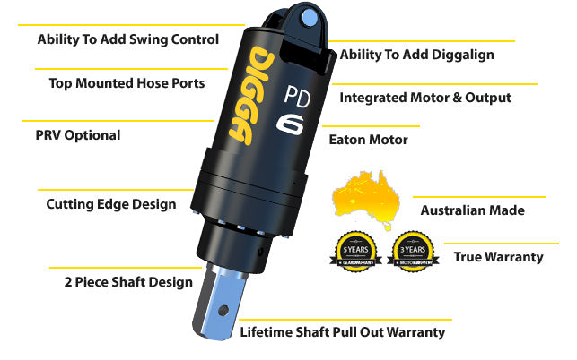 Digga PD6 Auger Drive with Halo - 75mm Square Shaft with 2.2m Hoses ...