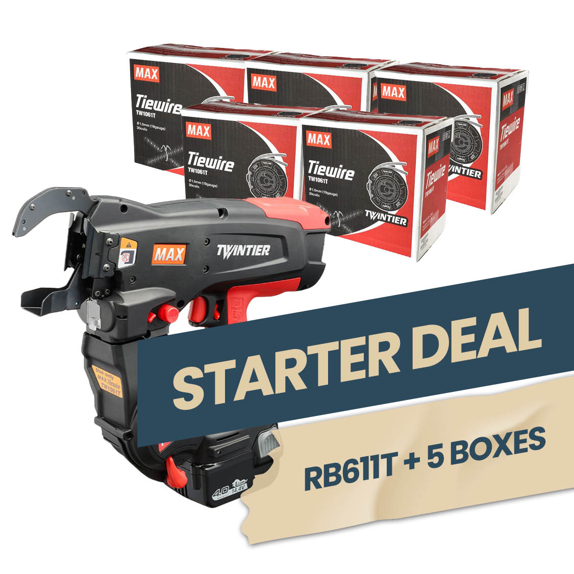 MAX Starter Deal (RB611T Rebar Tying Tool + 5 Boxes of Tie Wire ...